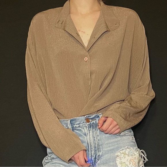 Tops | Vintage Clichy Tan Crepe Pattern Button Down Blouse Western ...